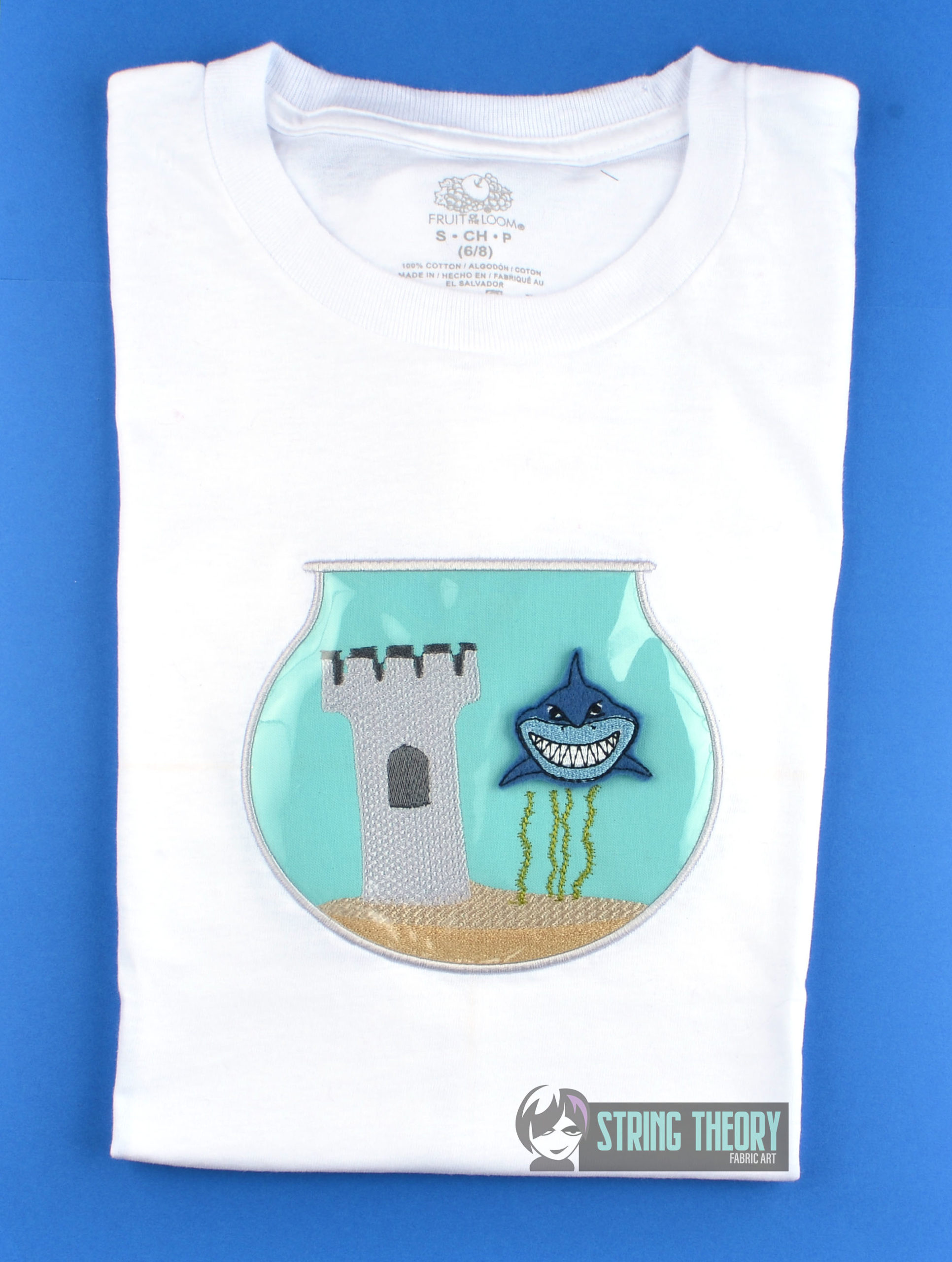 Fishbowl Appliqué with Trapped Shark Feltie – String Theory Fabric Art