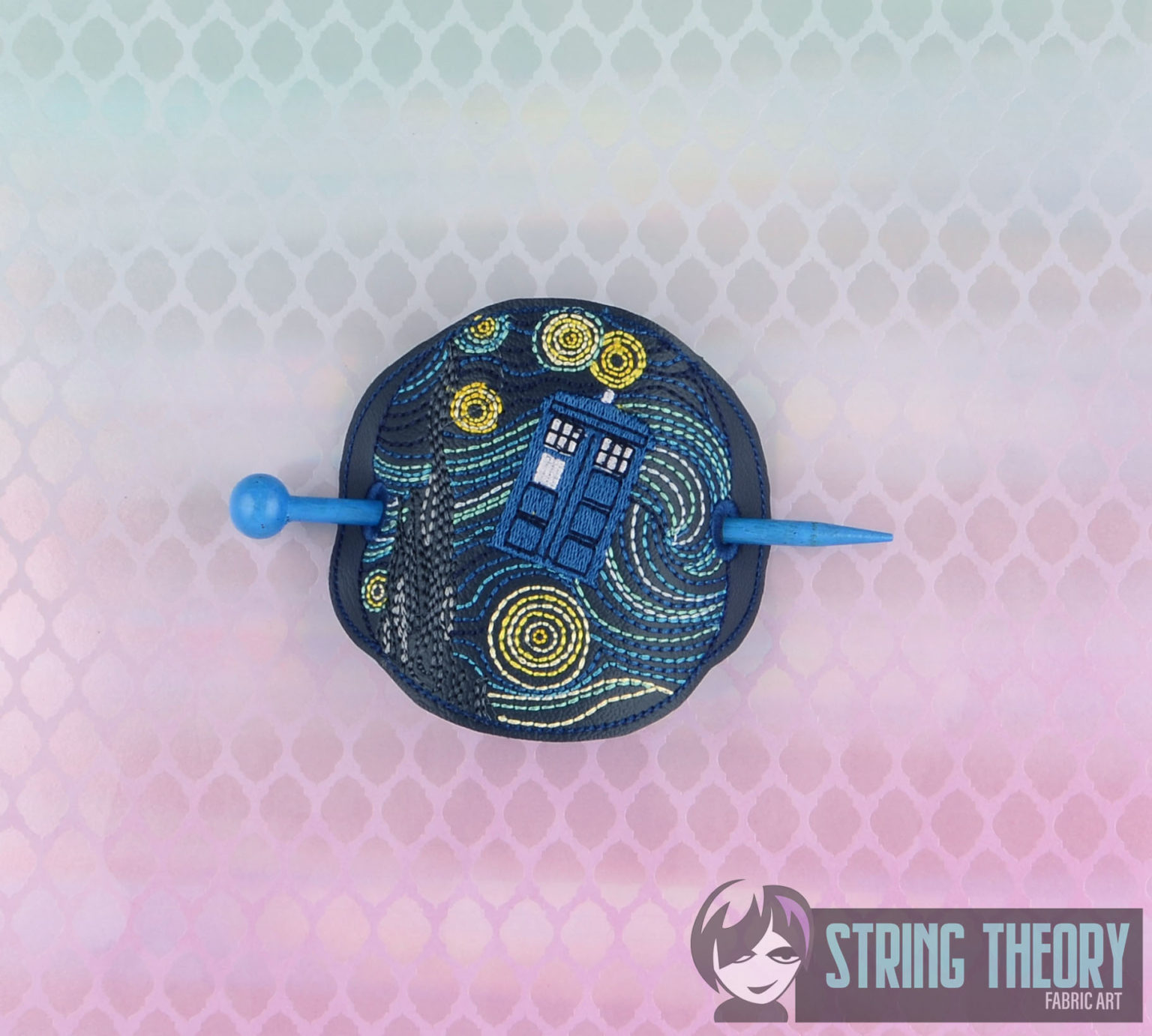 Dr. Space Time – Starry Tardis Bun Cover – String Theory Fabric Art