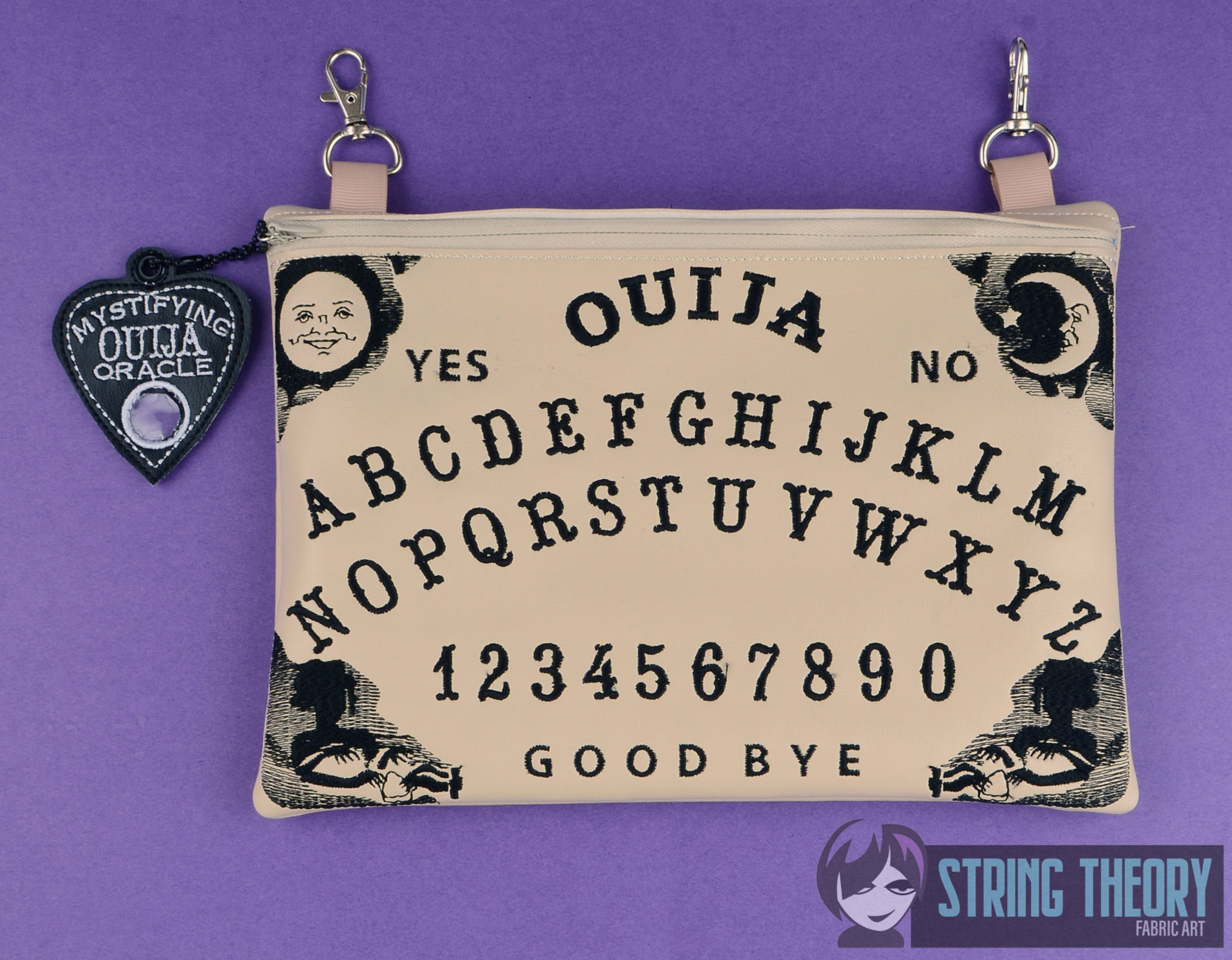 Ouija Partially AND Fully Lined Zip Bag & Planchette Dangle – String Theory Fabric Art