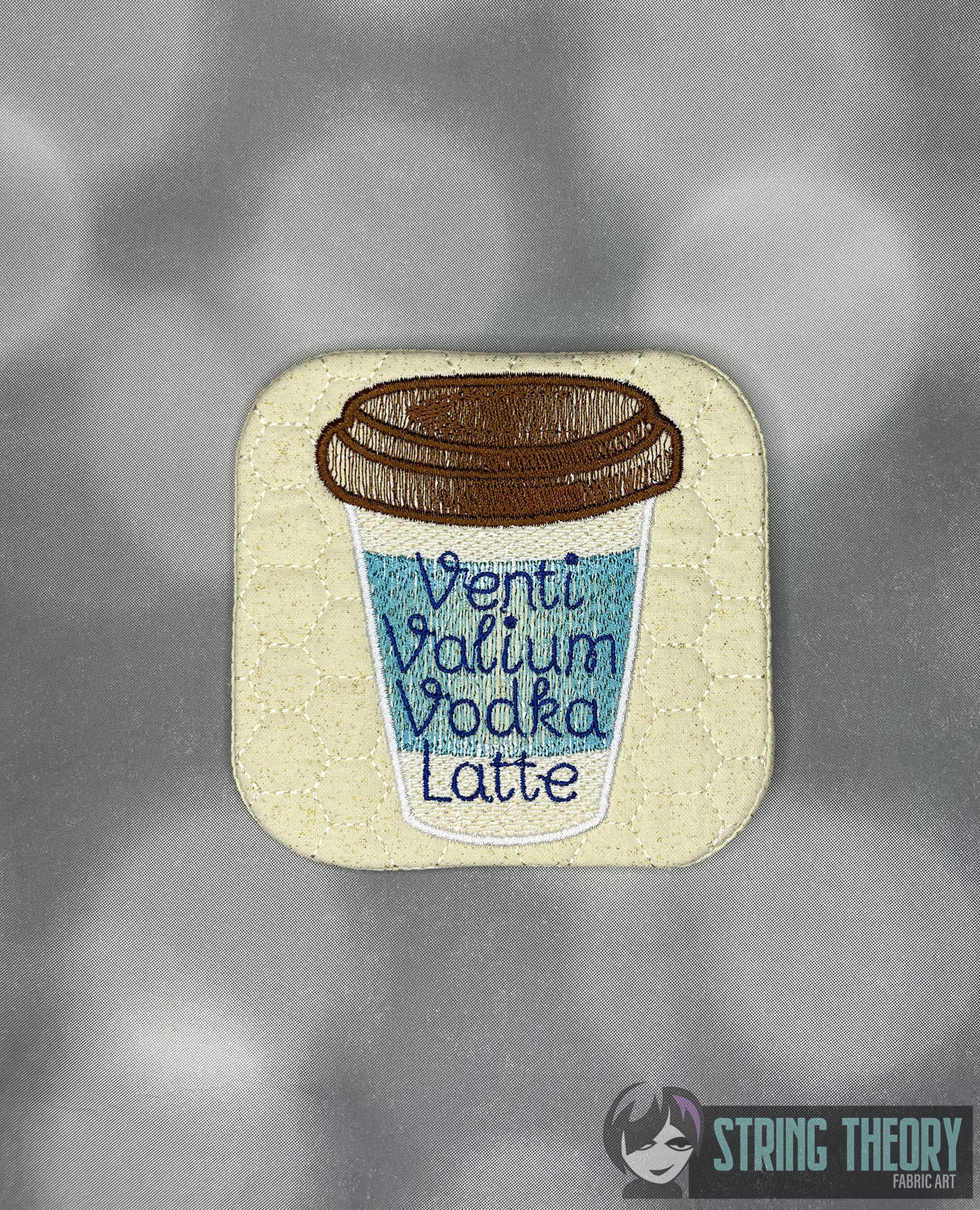 Venti Valium Vodka Latte Mug Rug – String Theory Fabric Art